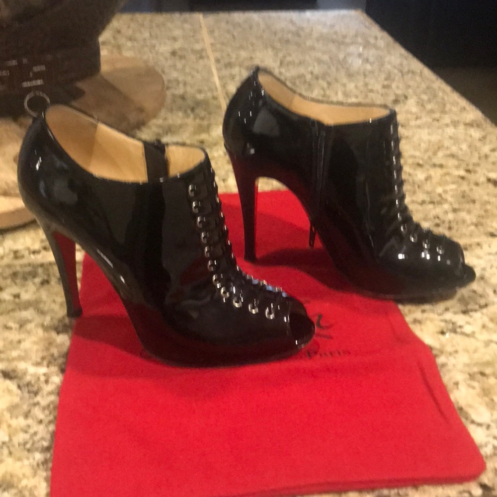 Christian Louboutin Patent Peep Toe Booties - Gem